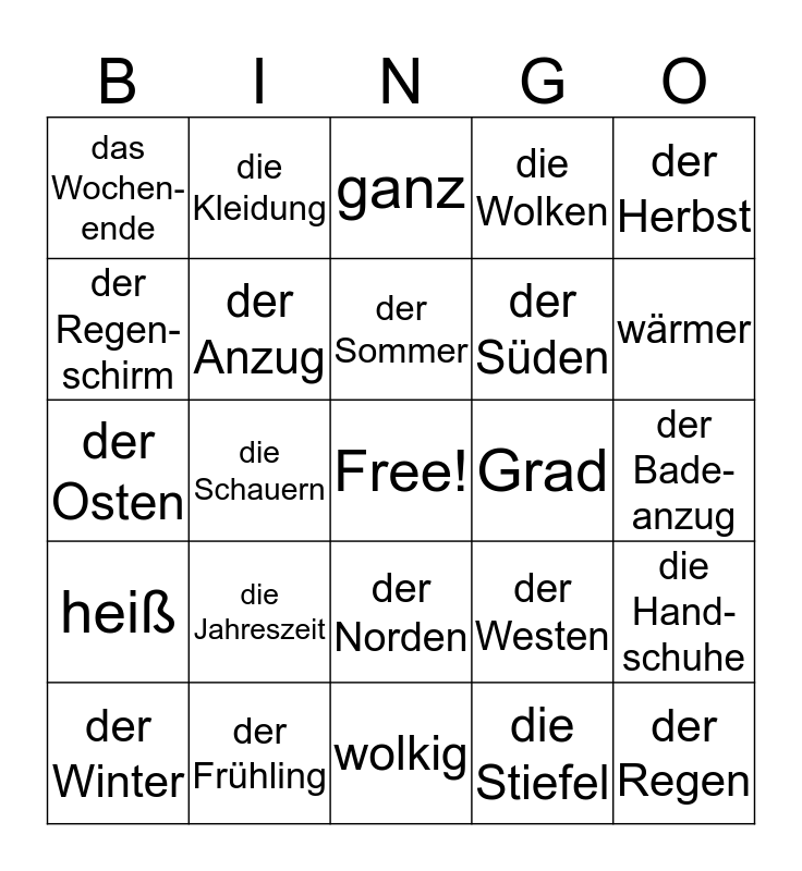 Das Wetter Bingo Card