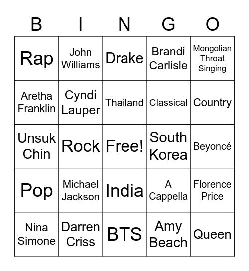 Ultimate Music Bingo Card