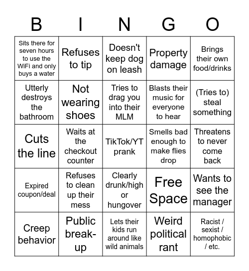 Rude Customers Bingo Card