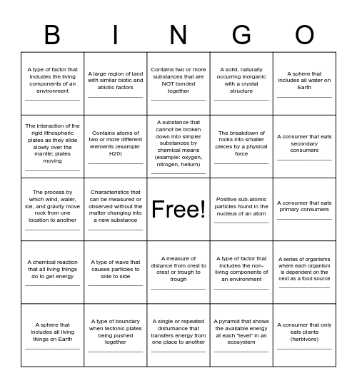 7th Grade Science Vocabulary Bingo Card 7th Grade Science Vocabulary Bingo Card