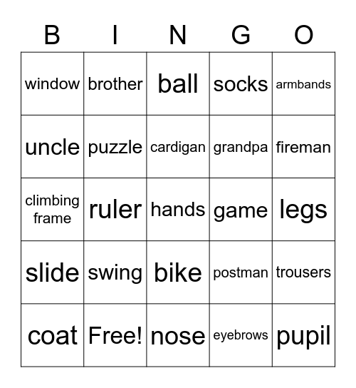 English Bingo Card