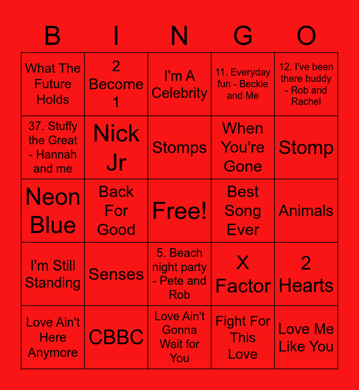 Red - Jenny Bingo Card