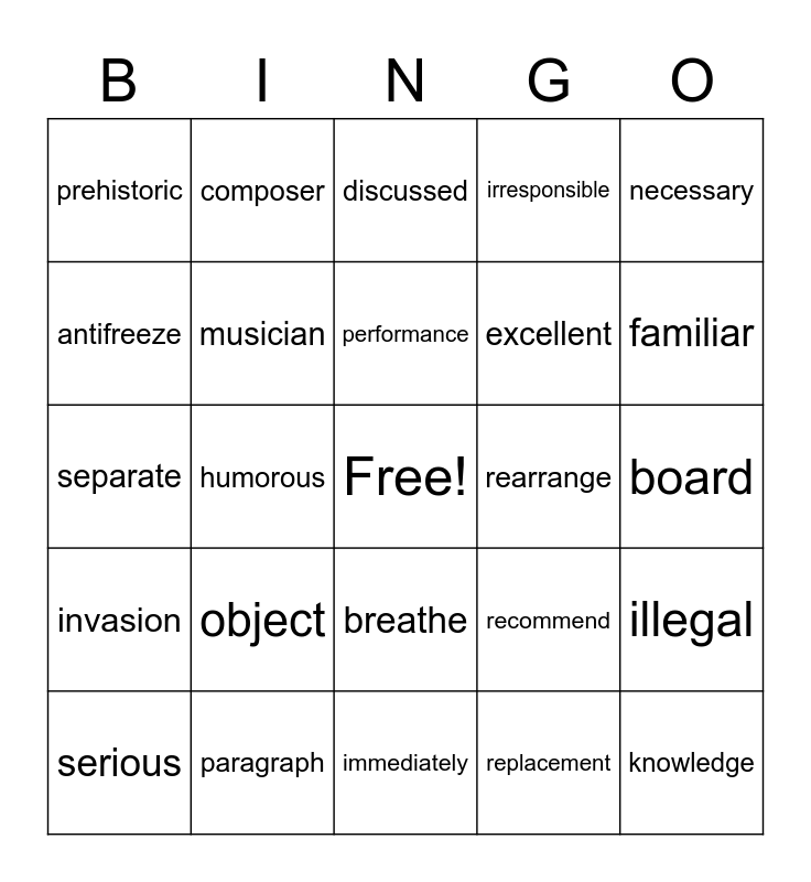 6th grade HFW Bingo Card