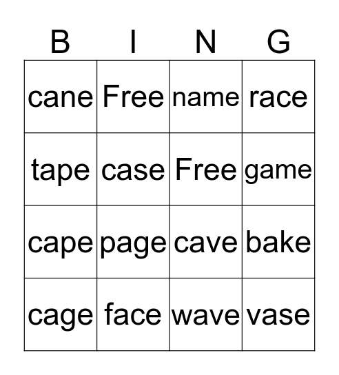 Long Vowel A Bingo Card