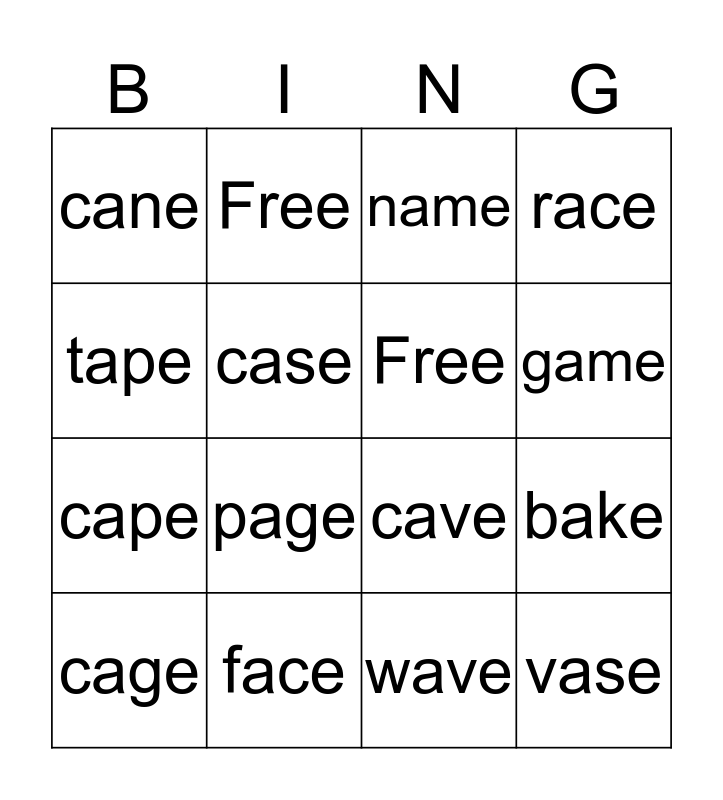Long Vowel A Bingo Card