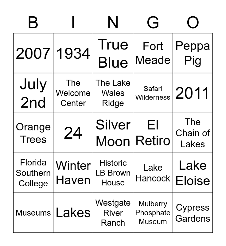 Visit Central Florida Trivia Bingo Card