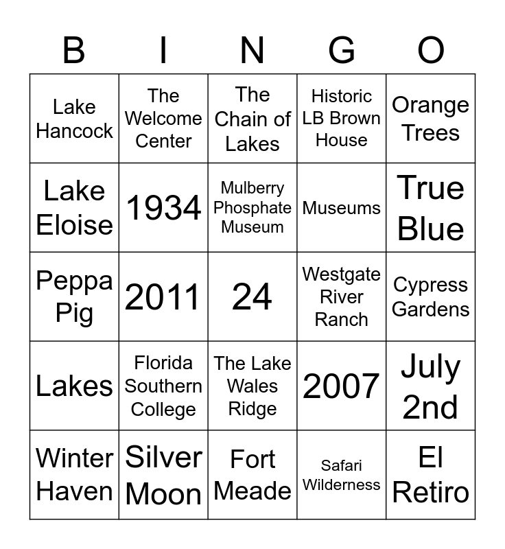 Visit Central Florida Trivia Bingo Card