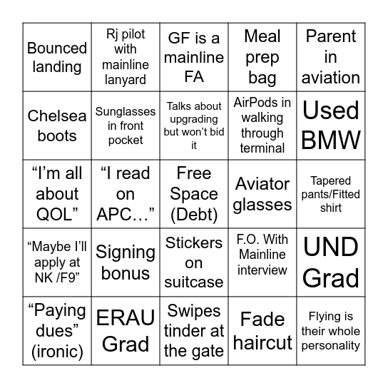 Millennial F.O. Bingo Card