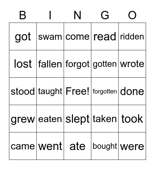 IRREGULAR VERB BINGO Card