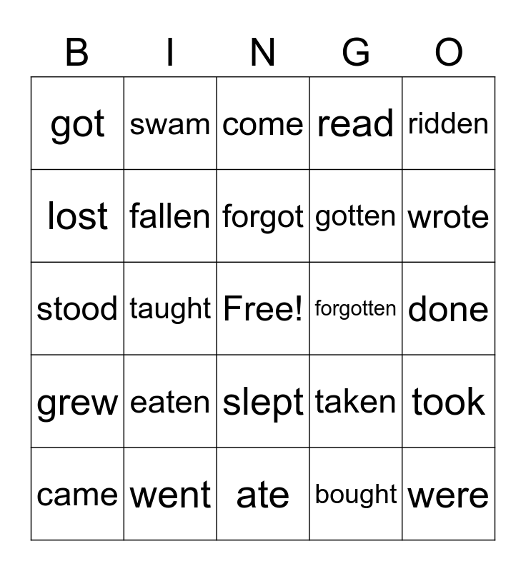 IRREGULAR VERB BINGO Card