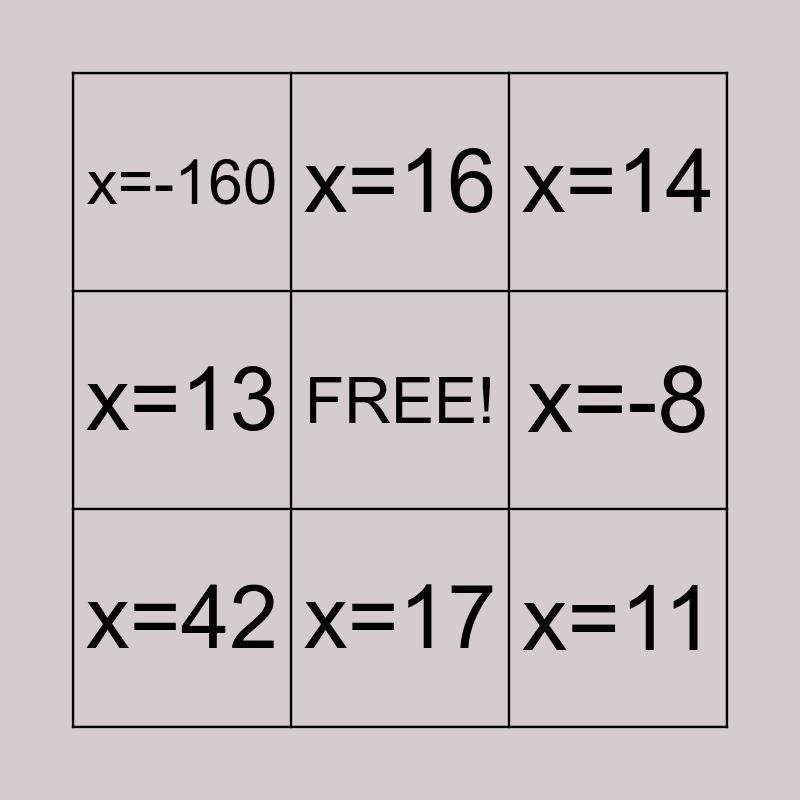 Solving linear equations bingo Card