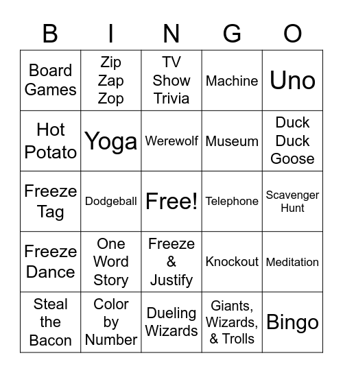 Rainy Day Games & Activities Bingo Card