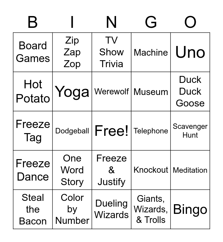 Rainy Day Games & Activities Bingo Card