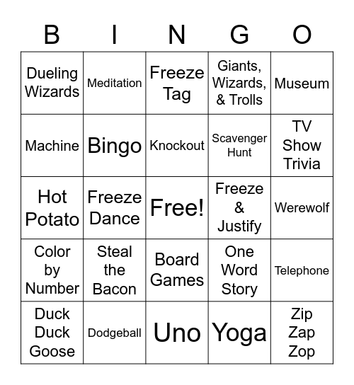 Rainy Day Games & Activities Bingo Card