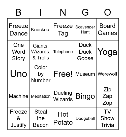 Rainy Day Games & Activities Bingo Card