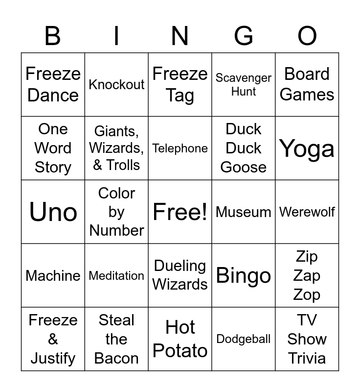 Rainy Day Games & Activities Bingo Card