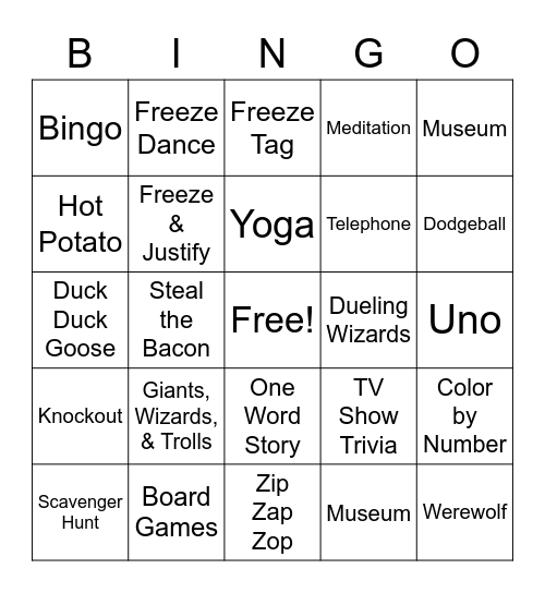 Rainy Day Games & Activities Bingo Card