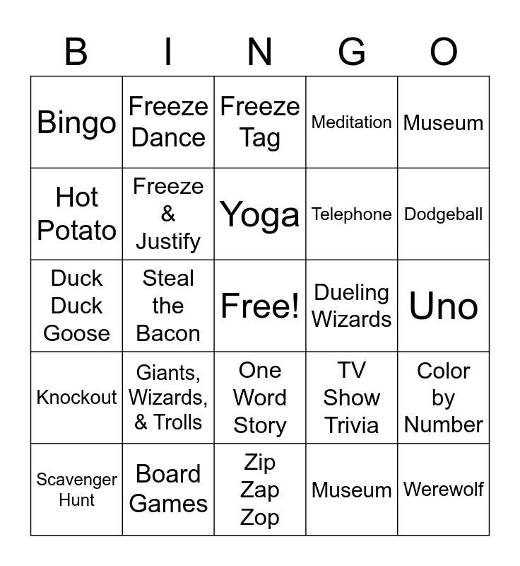 Rainy Day Games & Activities Bingo Card