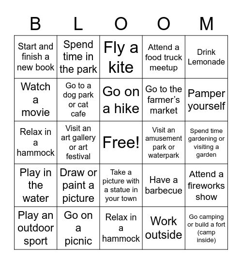 Summer Activity Bingo Card Summer Activity Bingo Card