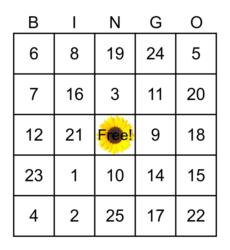 Sunflower Bingo Card
