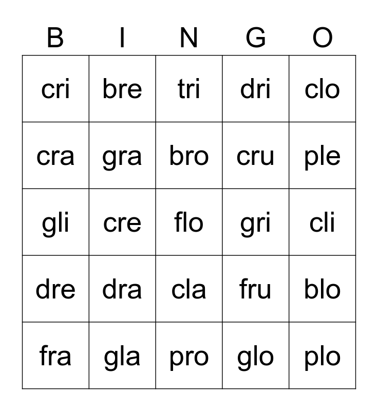 Sinfones (sílabas trabadas) Bingo Card