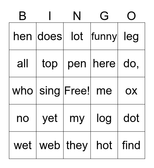 1st Grade Bingo Card