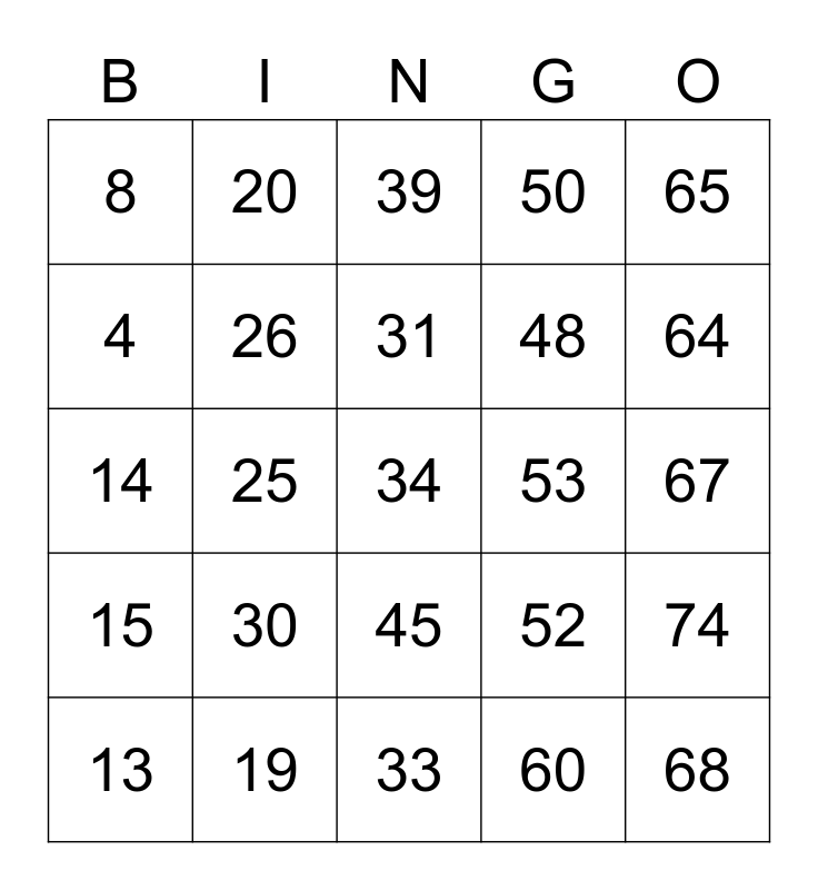 Number Bingo 1-75 Bingo Card