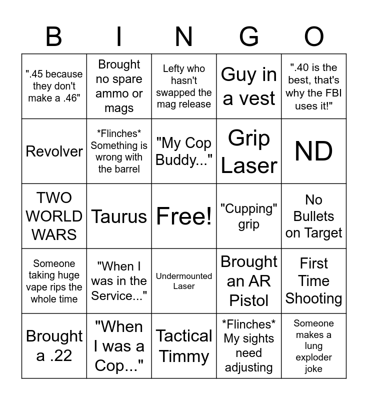 NRA Pistol Basics Class Bingo Card