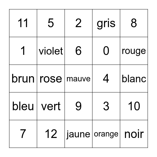 French Numbers and Colours Bingo Card