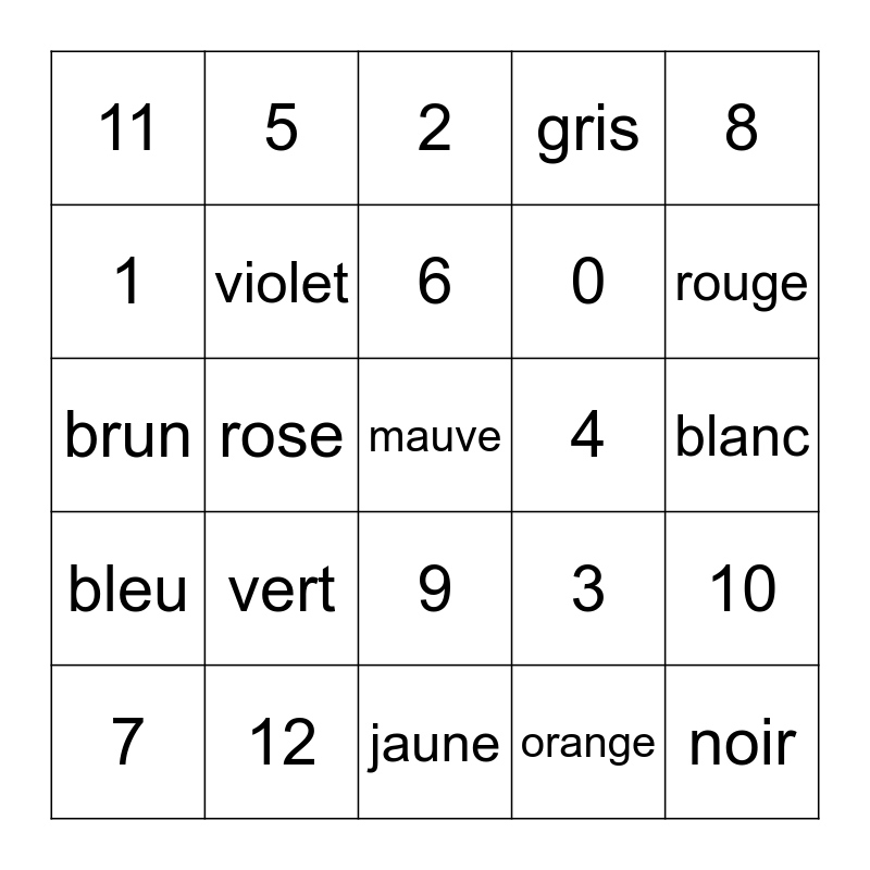 French Numbers and Colours Bingo Card