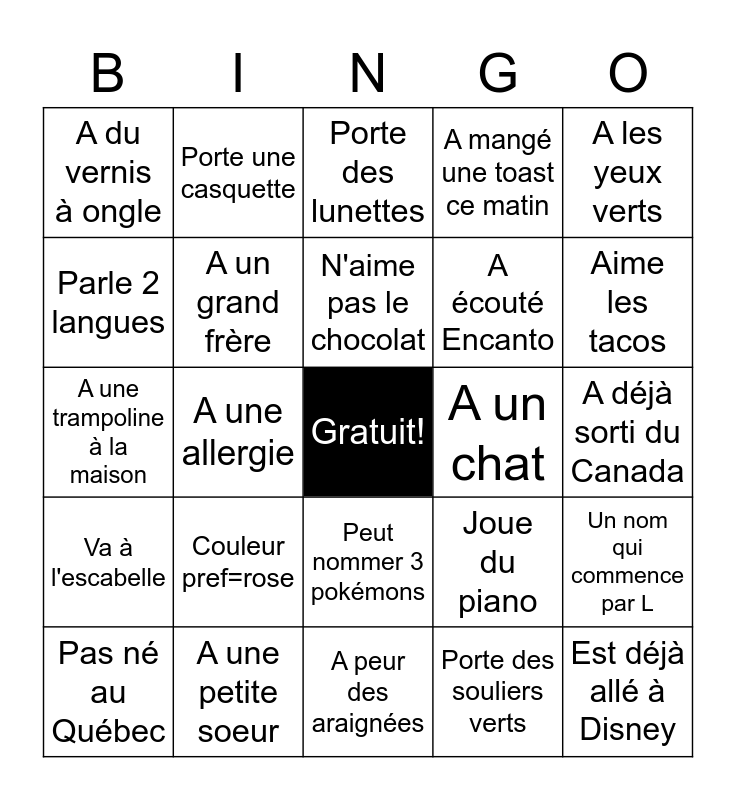 Bingo Humain Bingo Card