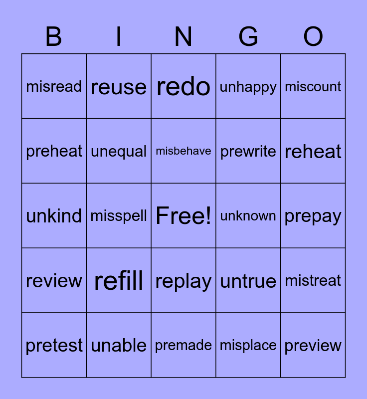PREFIX BINGO! re, un, mis, pre Bingo Card