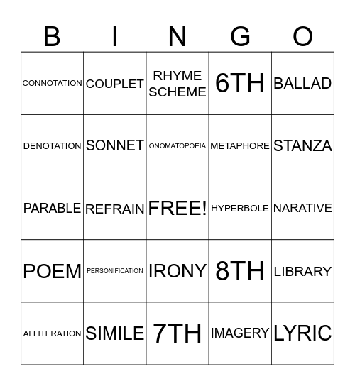 Poetry Bingo Card
