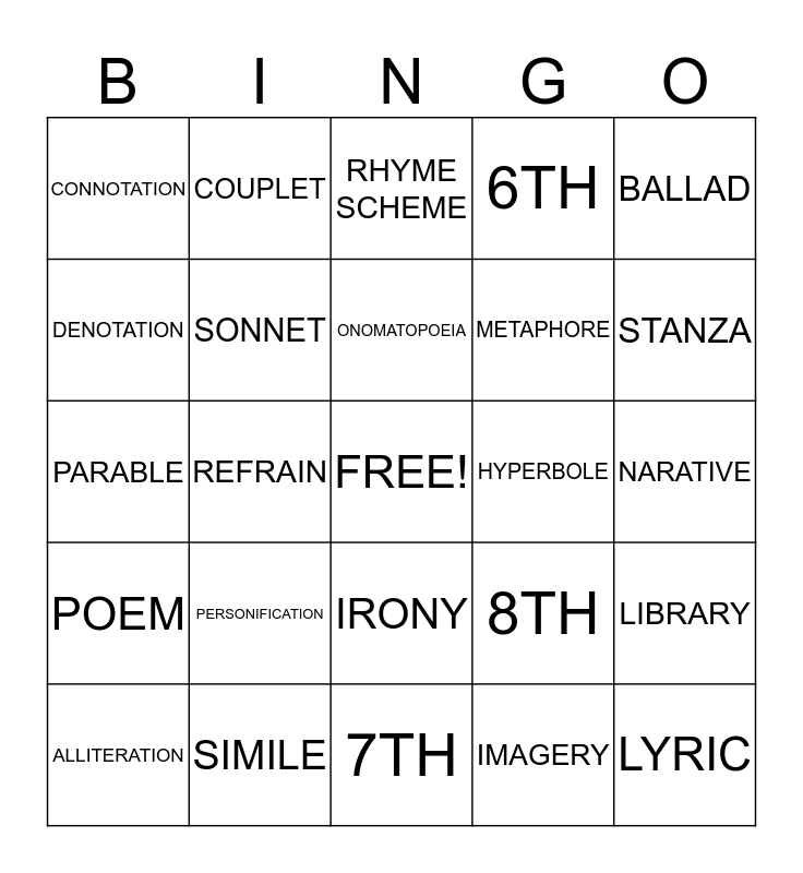Poetry Bingo Card