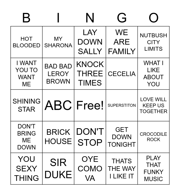 70'S SUMMER Bingo Card