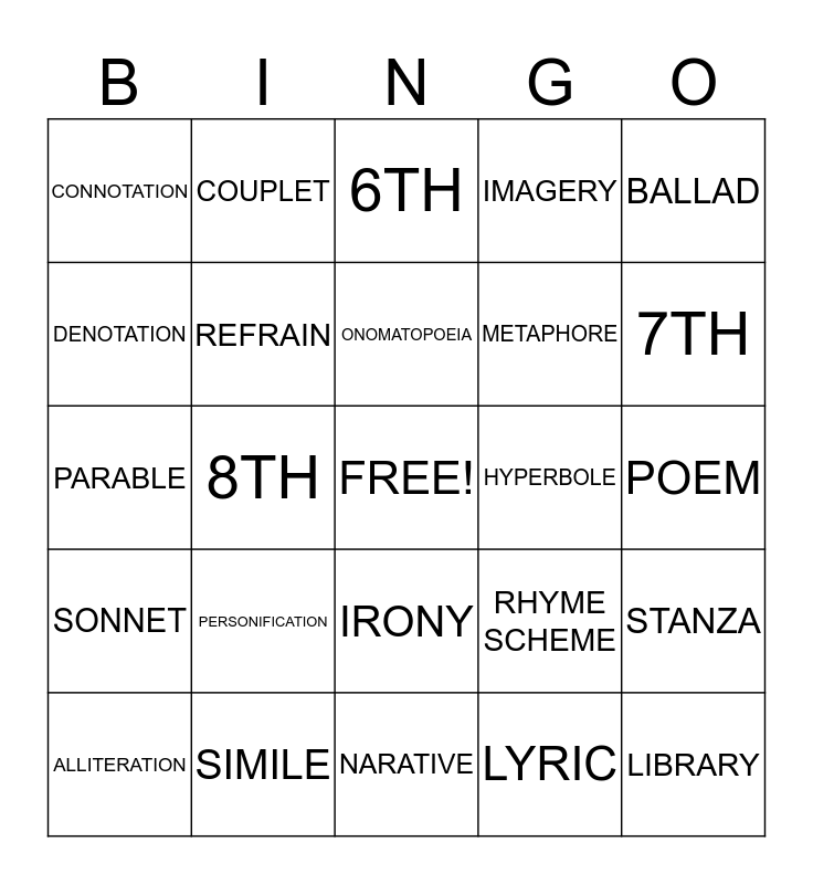 Poetry Bingo Card