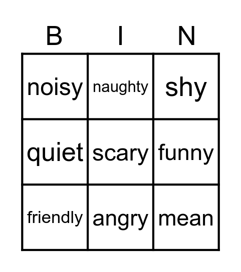 Adjectives Bingo Card