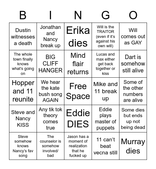 Stranger things Bingo Card