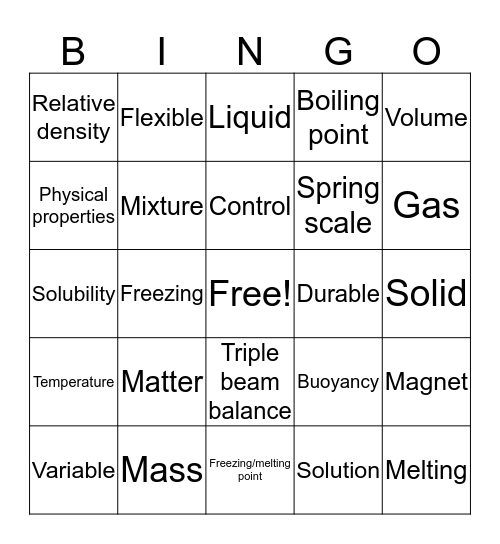 Properties of Matter Bingo Card