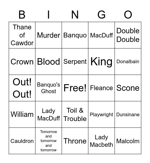 Stevo's Macbeth Bingo Card