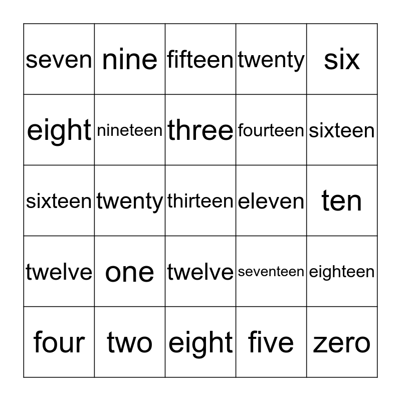 Number Words Bingo Card
