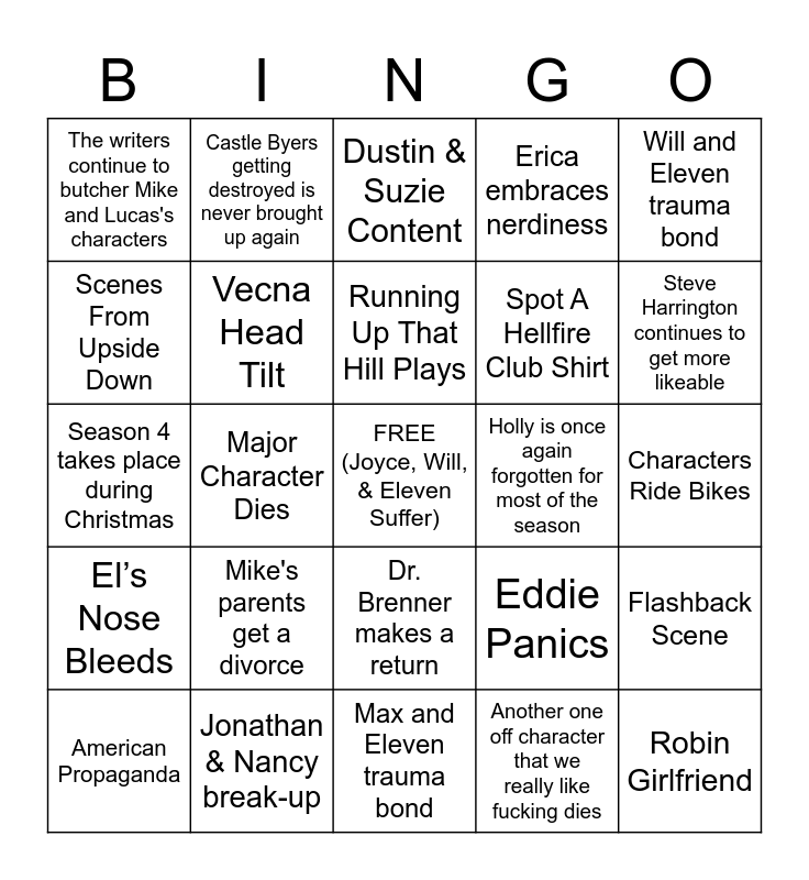 Stranger Things S4 Bingo Card