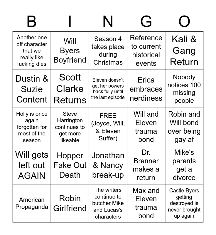 Stranger Things S4 Bingo Card