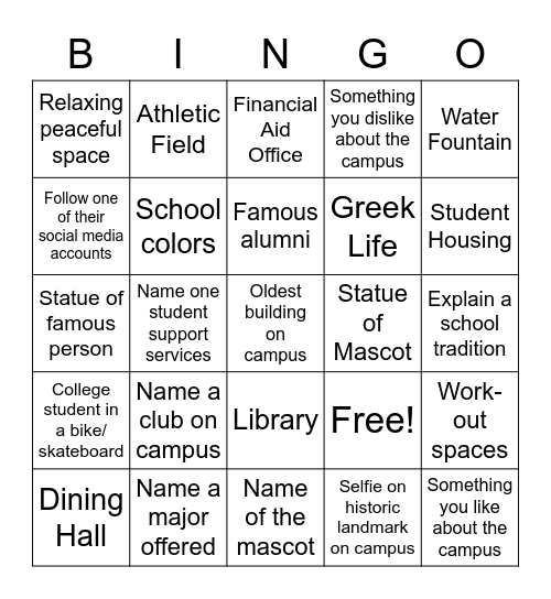 College Visit Bingo Card