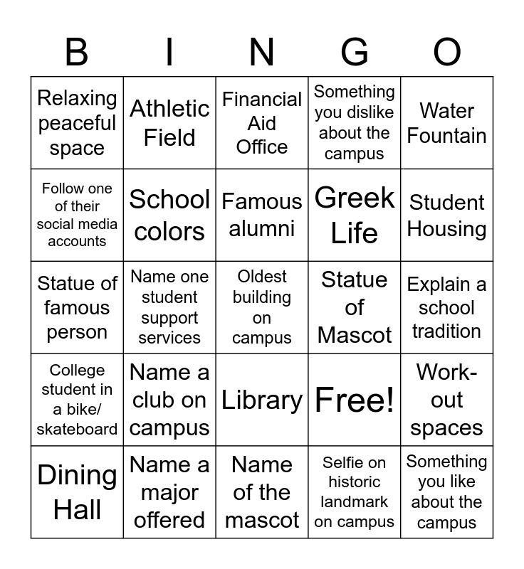 College Visit Bingo Card