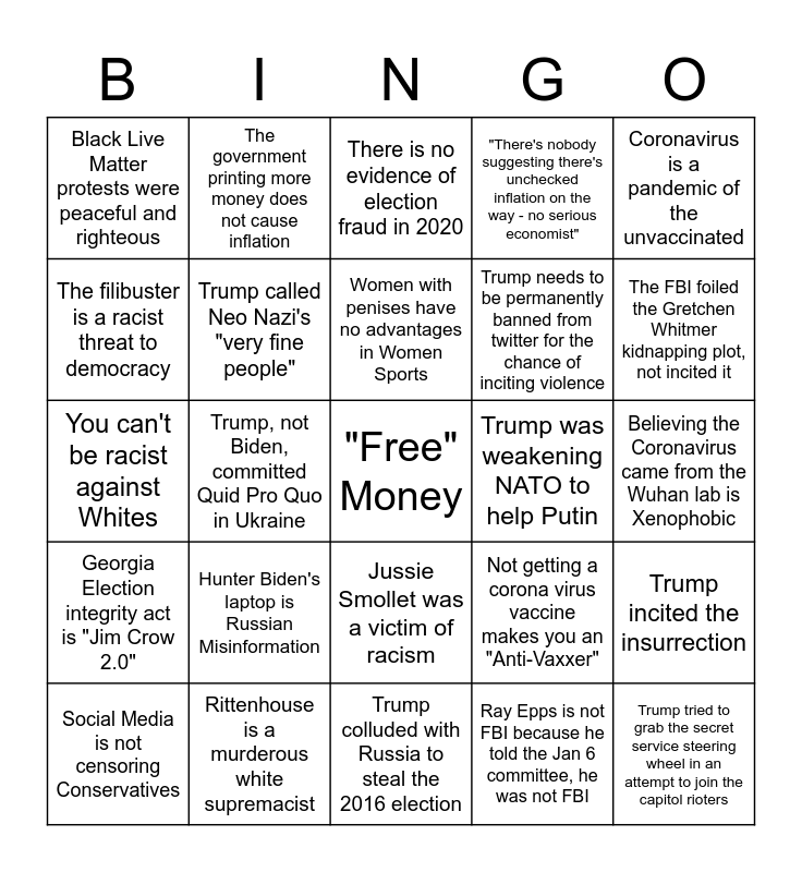 Liberal Gaslights Bingo Card