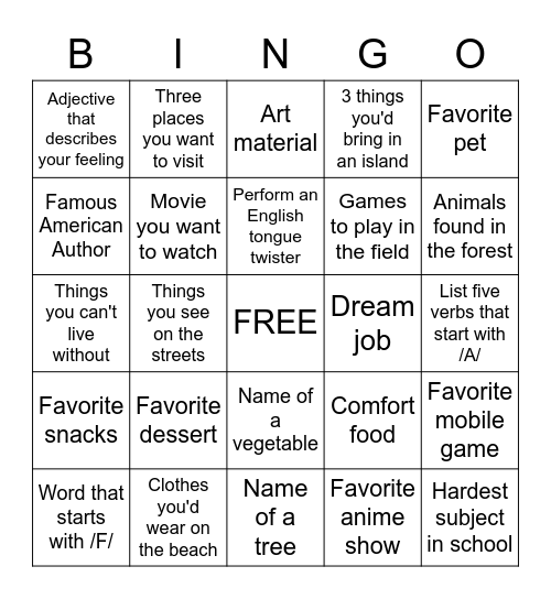 ESL Bingo Card