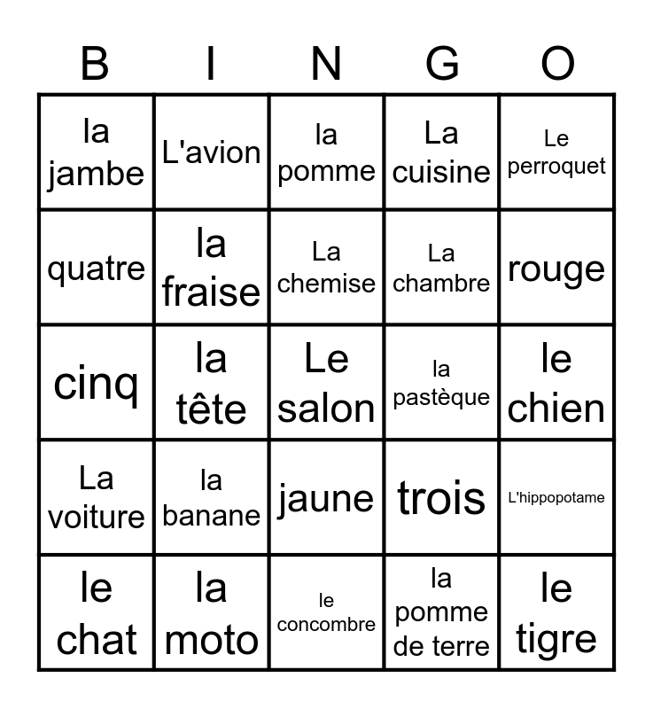 Le vocabulaire français Bingo Card