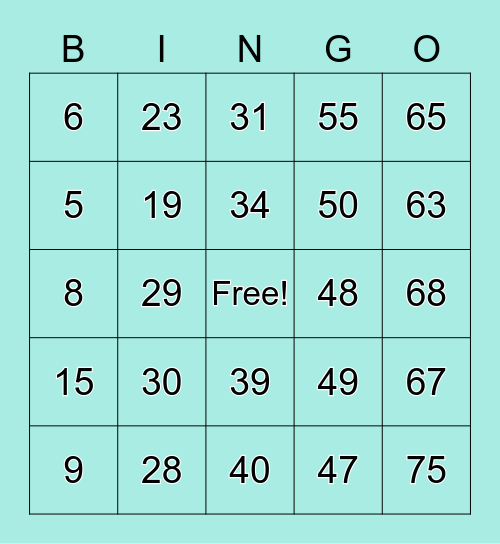 Number Bingo 1-75 Bingo Card