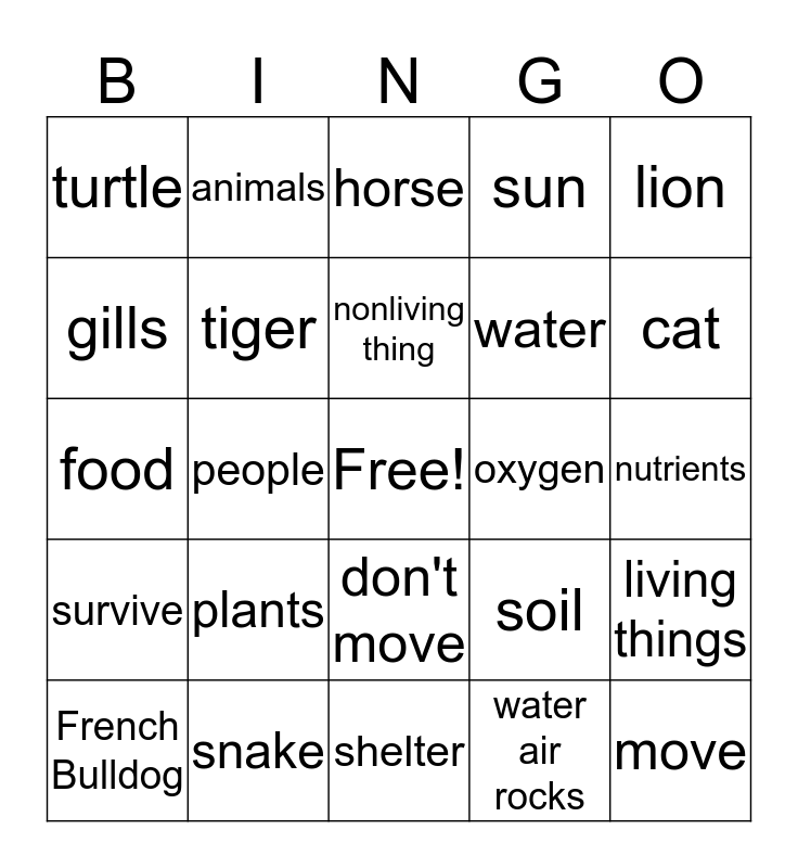 Living Things Bingo Card